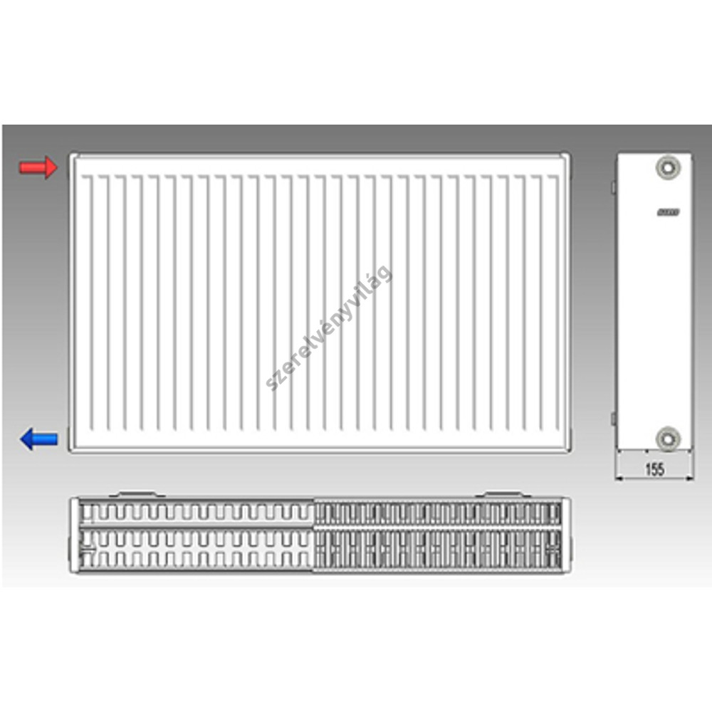 KORAD acéllemez lapradiátor 33K/DKEK, háromsoros kivitel (900 mm magas ...